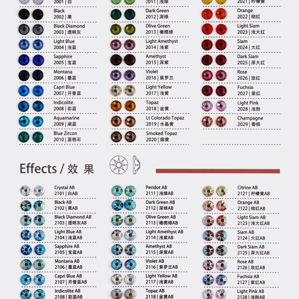 Glass Flat Back Rhinestones Color Chart -8 Big 8 Small ...