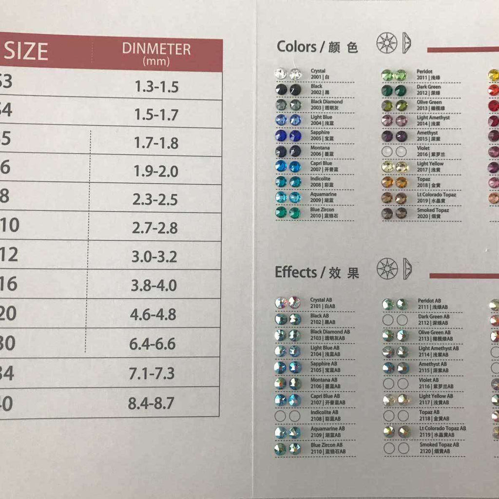 Glass Flat Back Rhinestones Color Chart -8 Big 8 Small ...