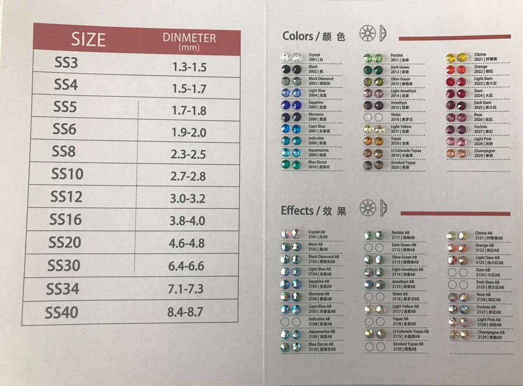 Glass Flat Back Rhinestones Color Chart -8 Big 8 Small ...